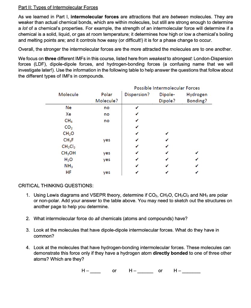Solved Part II: Types of Intermolecular Forces As we learned | Chegg.com