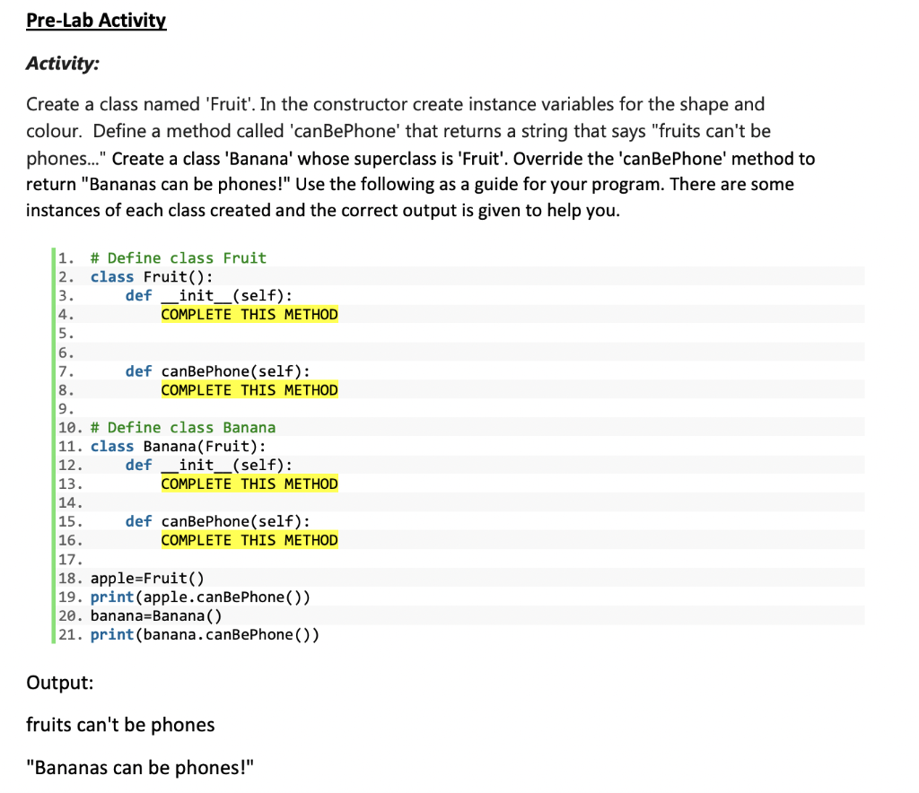 Solved Pre-Lab Activity Activity: Create a class named | Chegg.com