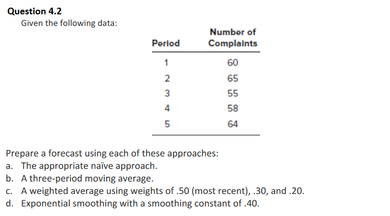 Solved Question 4.2 Given the following data: Period Number | Chegg.com