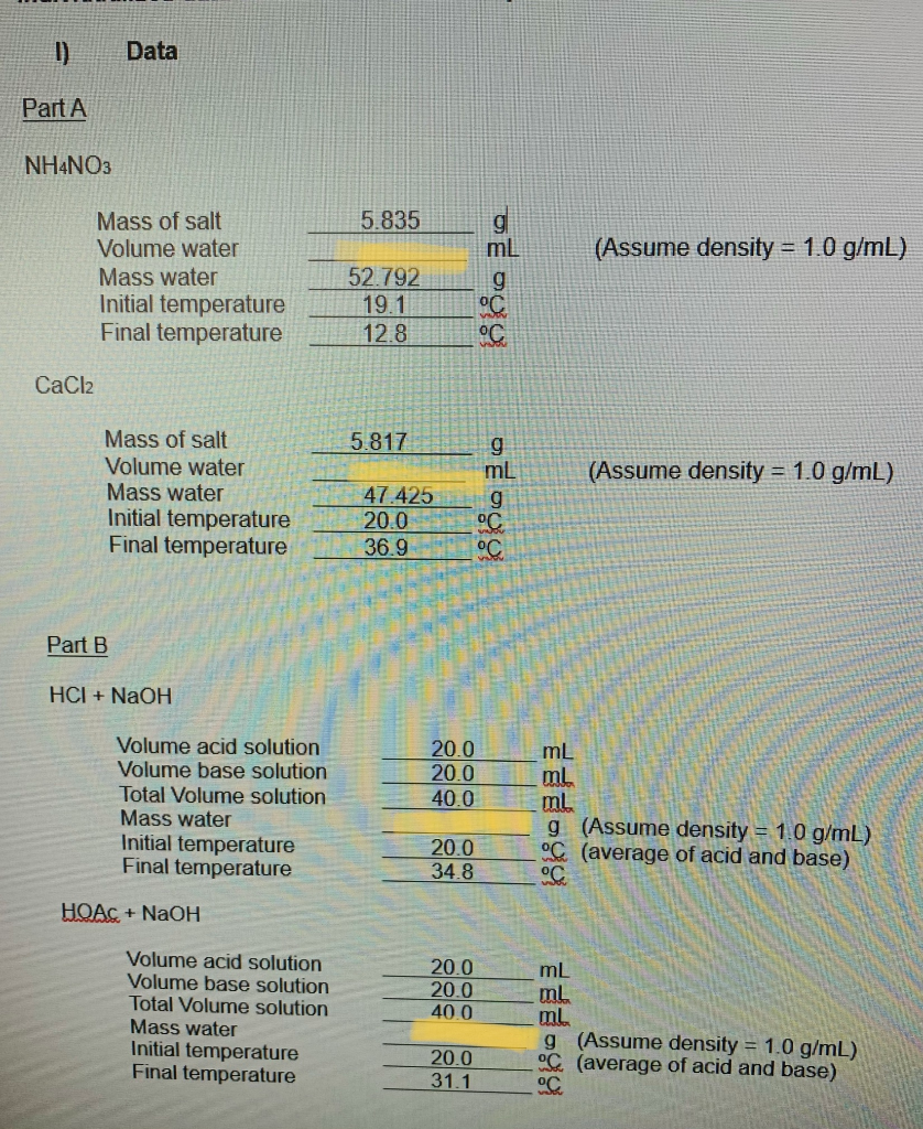 Solved Data Part A NH4NO3 5.835 (Assume density = 1.0 g/mL) | Chegg.com
