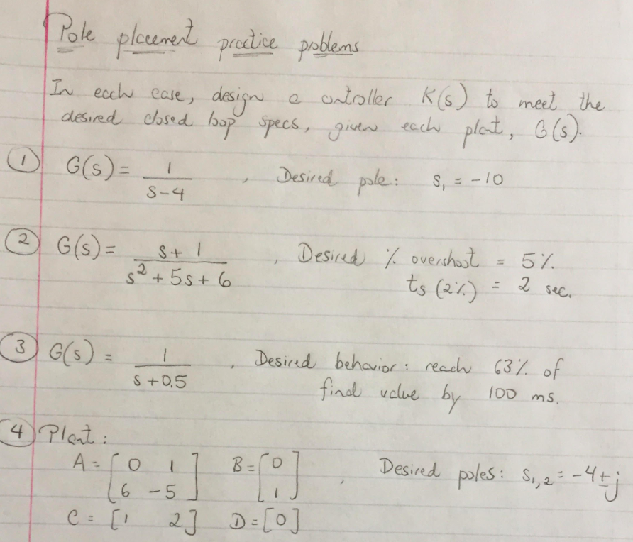 Solved Pole placement prodice problems In each case, design | Chegg.com