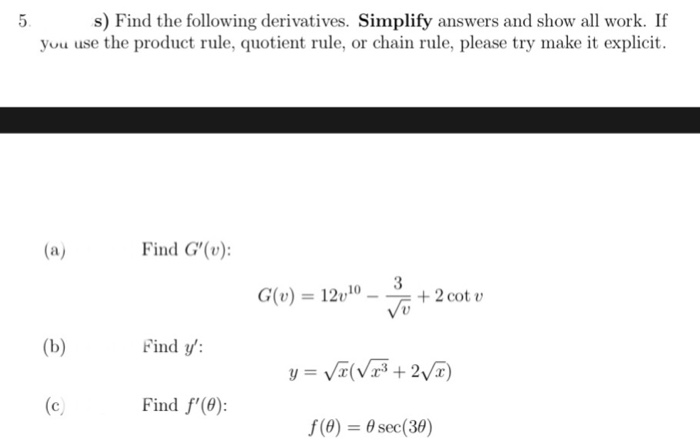 Solved s) Find the following derivatives. Simplify answers | Chegg.com