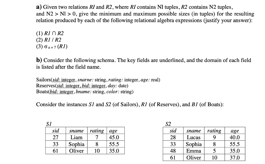 Solved a) Given two relations RI and R2, where RI contains | Chegg.com