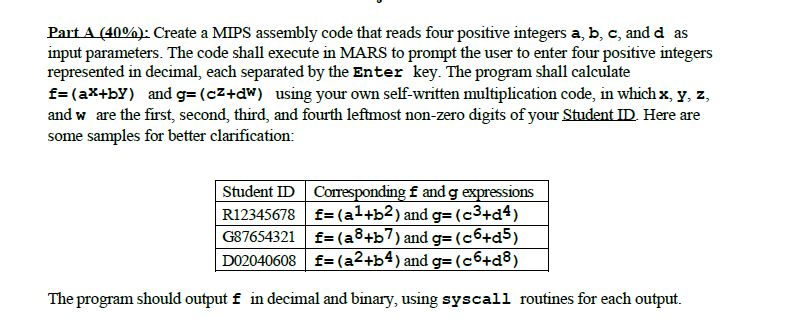 Solved Part A (40%): Create a MIPS assembly code that reads | Chegg.com