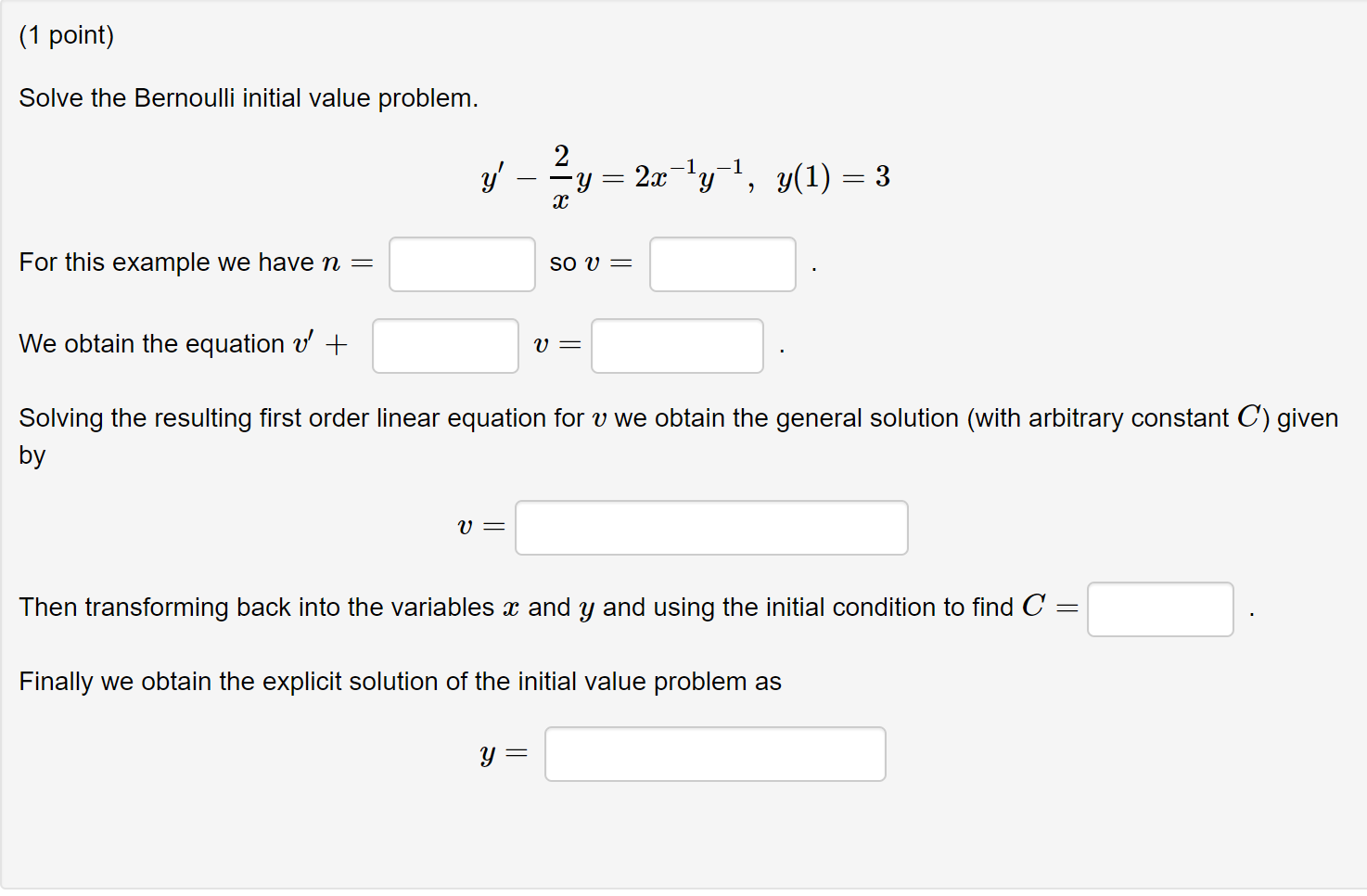 Solved (1 point) Solve the Bernoulli initial value problem. | Chegg.com