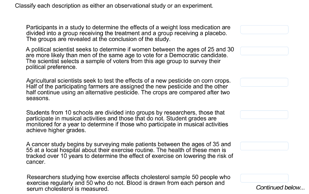 Solved Classify each description as either an observational | Chegg.com