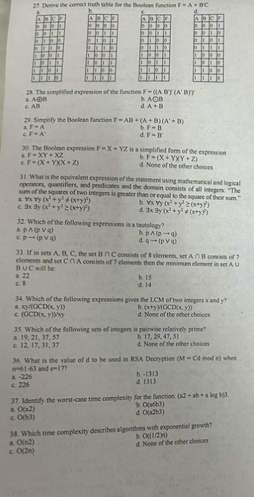 Solved 27. Derive the correct truth table for the Boolean | Chegg.com