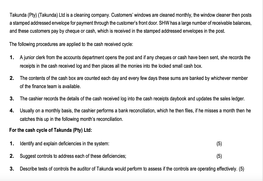 Solved Takunda (Pty) (Takunda) Ltd is a cleaning company. | Chegg.com
