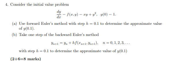 Solved 4. Consider the initial value problem dy = f(x,y) = | Chegg.com