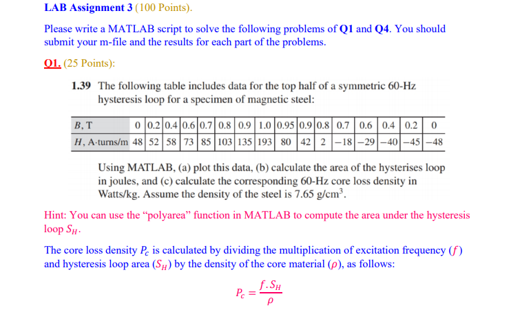 Solved LAB Assignment 3 (100 Points). Please write a MATLAB | Chegg.com