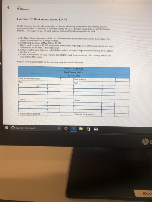 Solved 4· 10.00 points Exercise 8-11 Bank reconciliation LO | Chegg.com