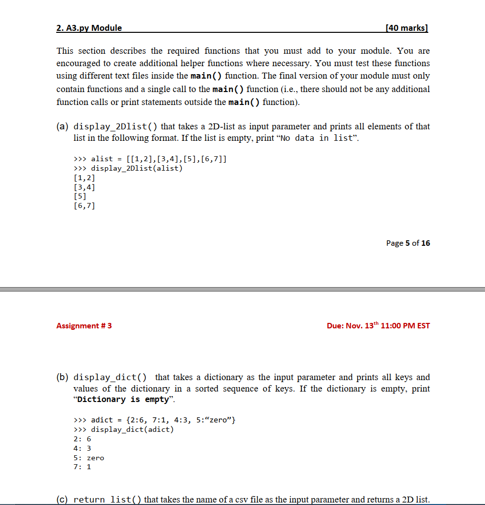 Solved 2. A3.py Module [40 marks] This section describes the | Chegg.com