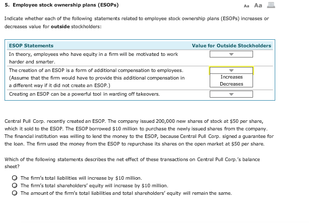 Solved 5. Employee stock ownership plans (ESOPs) Indicate | Chegg.com