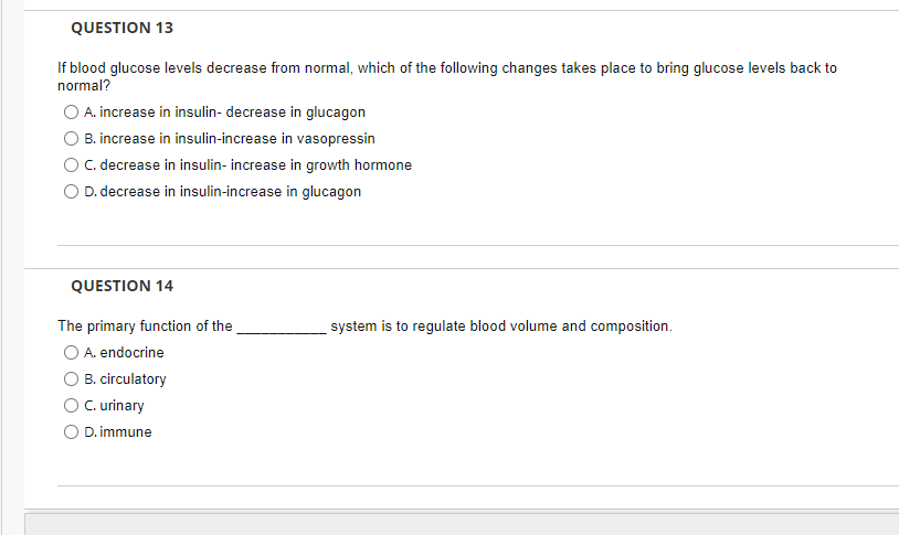 Solved QUESTION 13 If blood glucose levels decrease from | Chegg.com