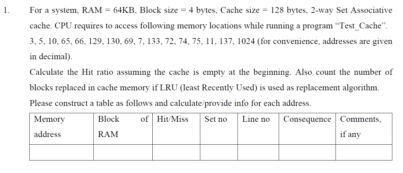 Solved 1. = = For a system, RAM 64KB, Block size 4 bytes, | Chegg.com