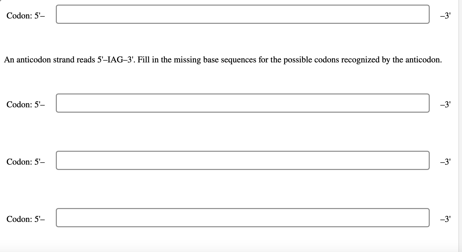 Solved Write all possible codons recognized by each of the | Chegg.com