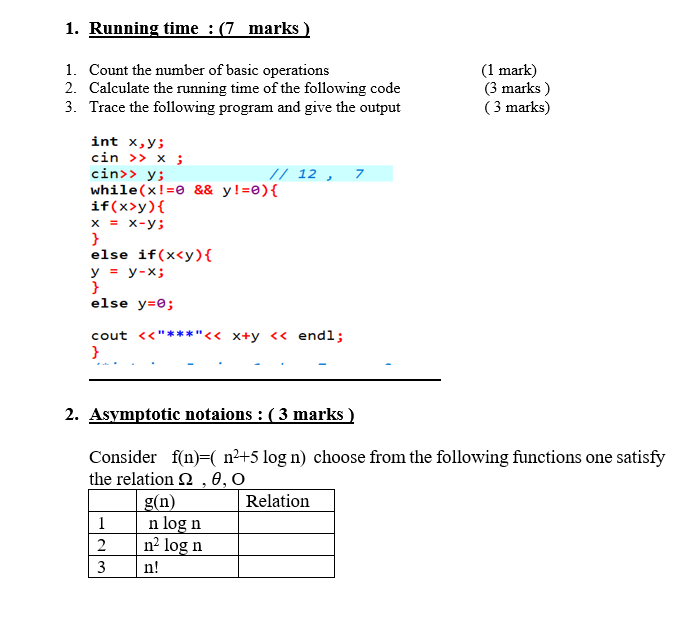 1. Running time : (7 marks ) 1. Count the number of | Chegg.com