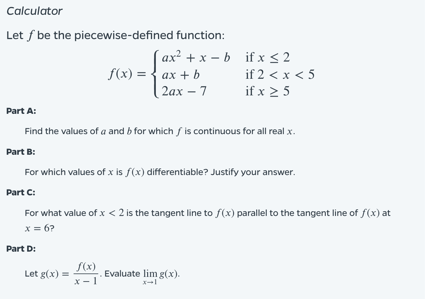 Solved Calculator Let f be the piecewise-defined function: | Chegg.com