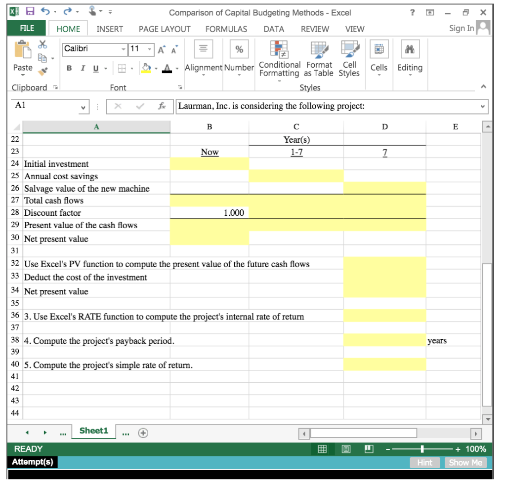 Solved Excel SIM: Comparison of Capital Budgeting Methods 1. | Chegg.com