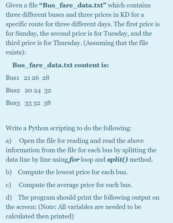 Solved Given a file “Bus_fare_data.txt” which contains three | Chegg.com