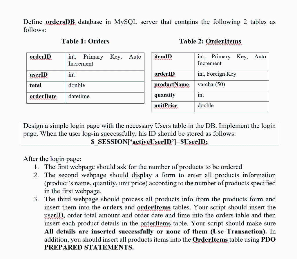 Solved Define ordersDB database in MySQL server that | Chegg.com