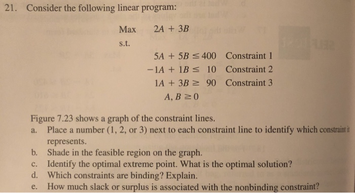 Solved 21. Consider the following linear program: Max 2A +3B | Chegg.com