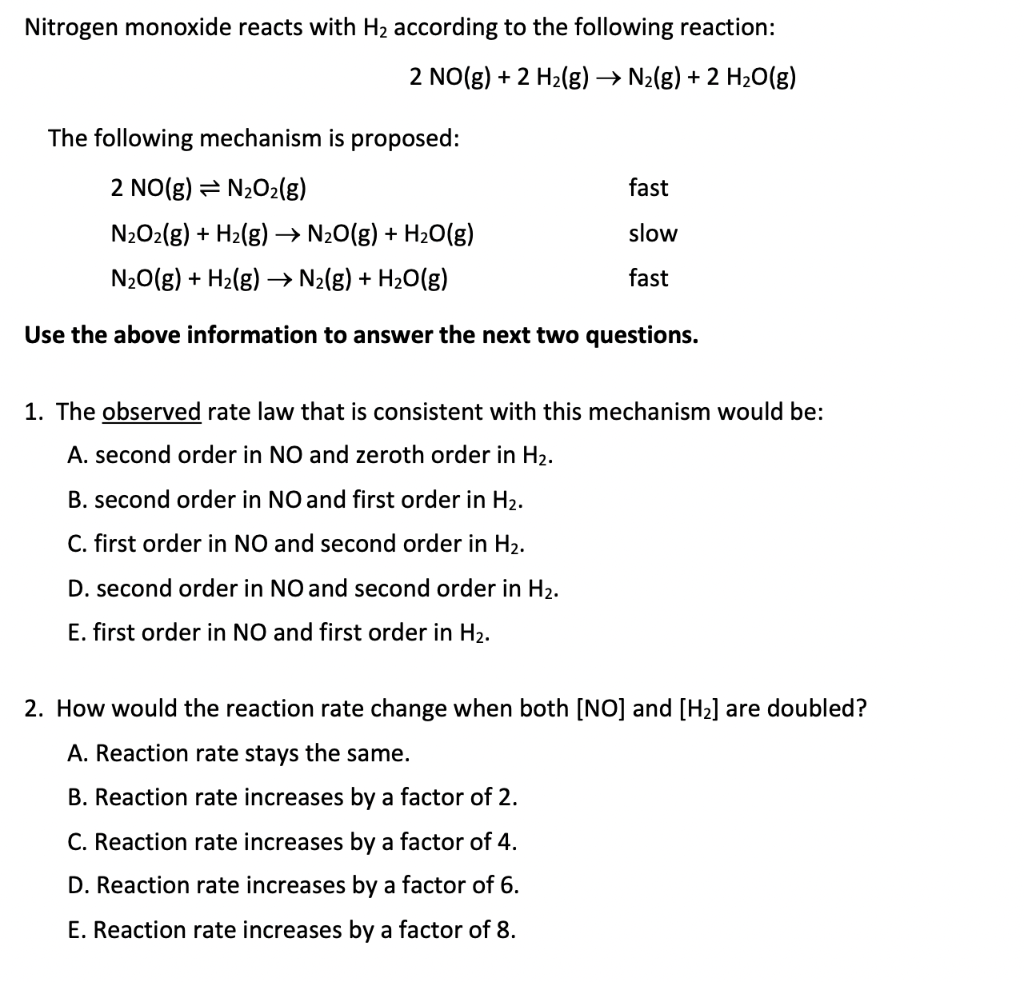 Solved Nitrogen monoxide reacts with H2 according to the | Chegg.com
