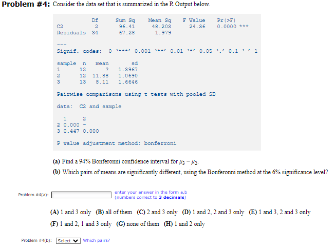 C2 Residuals Df 234 Sum Sq 96.4167.28 Mean Sq | Chegg.com