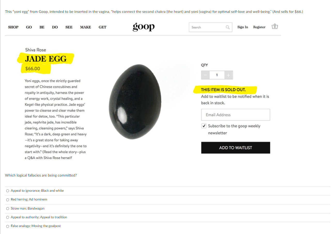 Solved This "yoni egg" from Goop, intended to be inserted in | Chegg.com