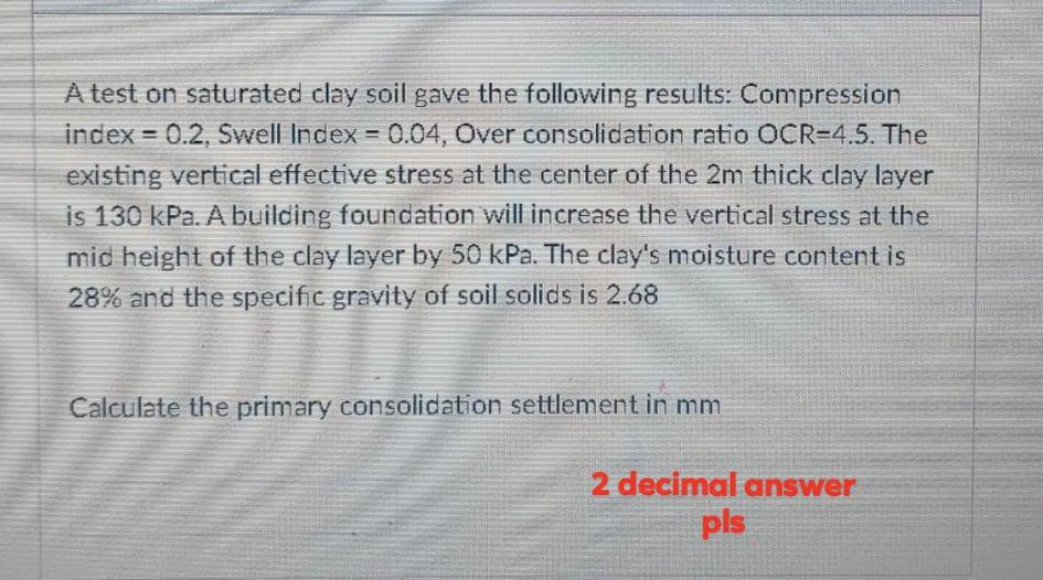 Solved A test on saturated clay soil gave the following | Chegg.com