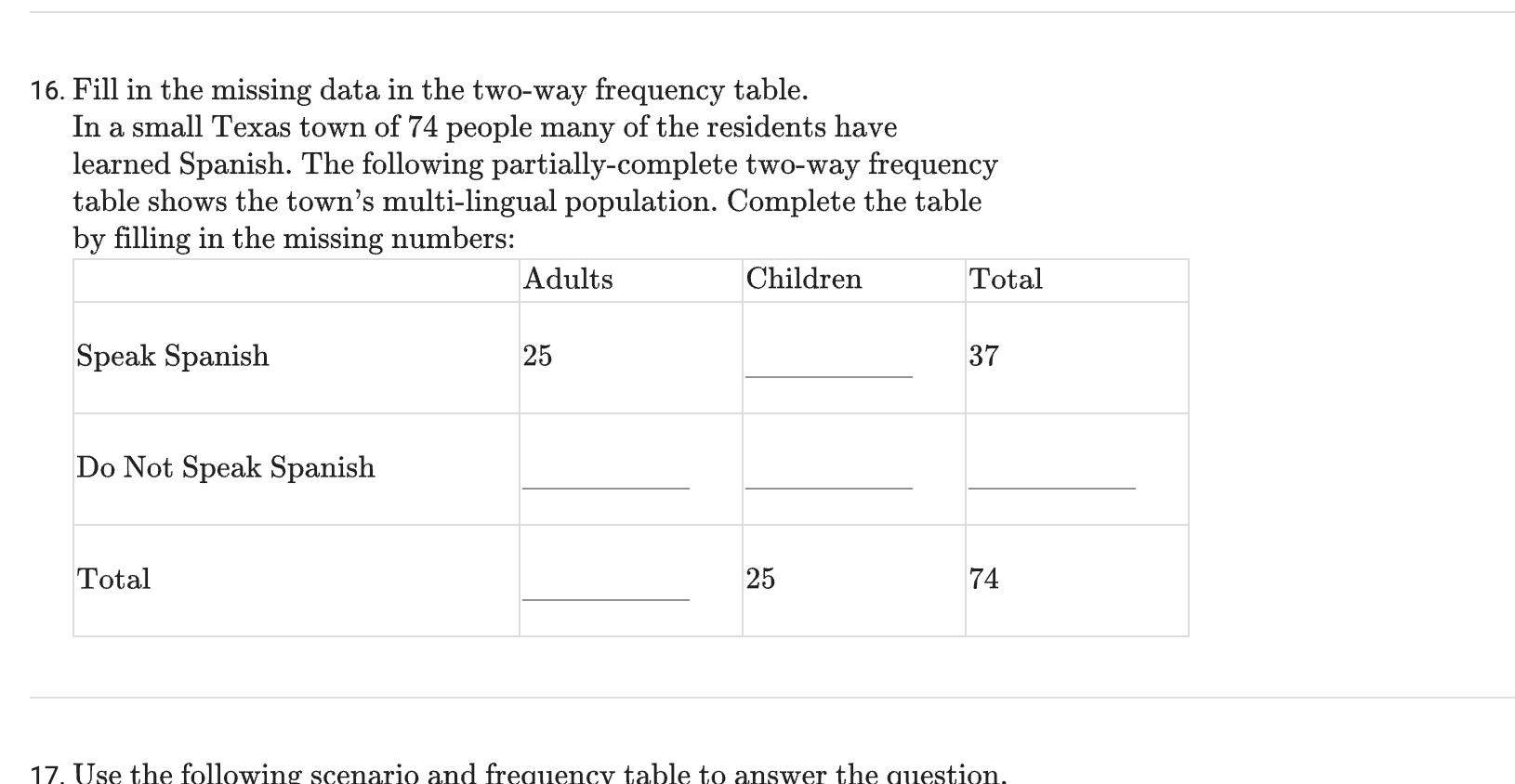 Solved 16. Fill in the missing data in the two-way frequency | Chegg.com