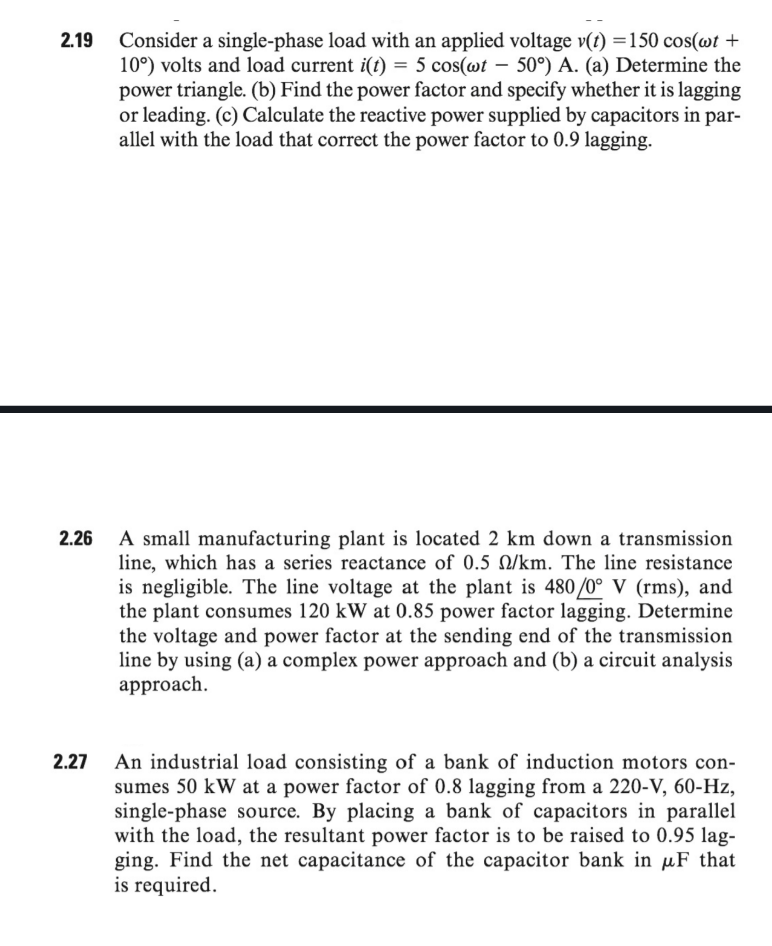 Solved 2.19 ﻿Consider a single-phase load with an applied | Chegg.com