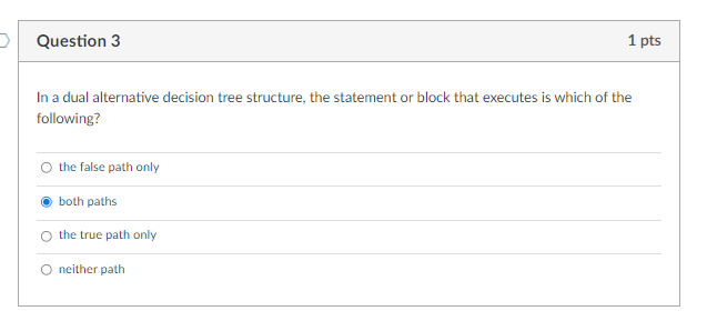 Solved Question 3 1 pts In a dual alternative decision tree | Chegg.com
