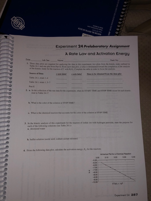 Experiment 24 Prelaboratory Assignment A Rate Law and | Chegg.com