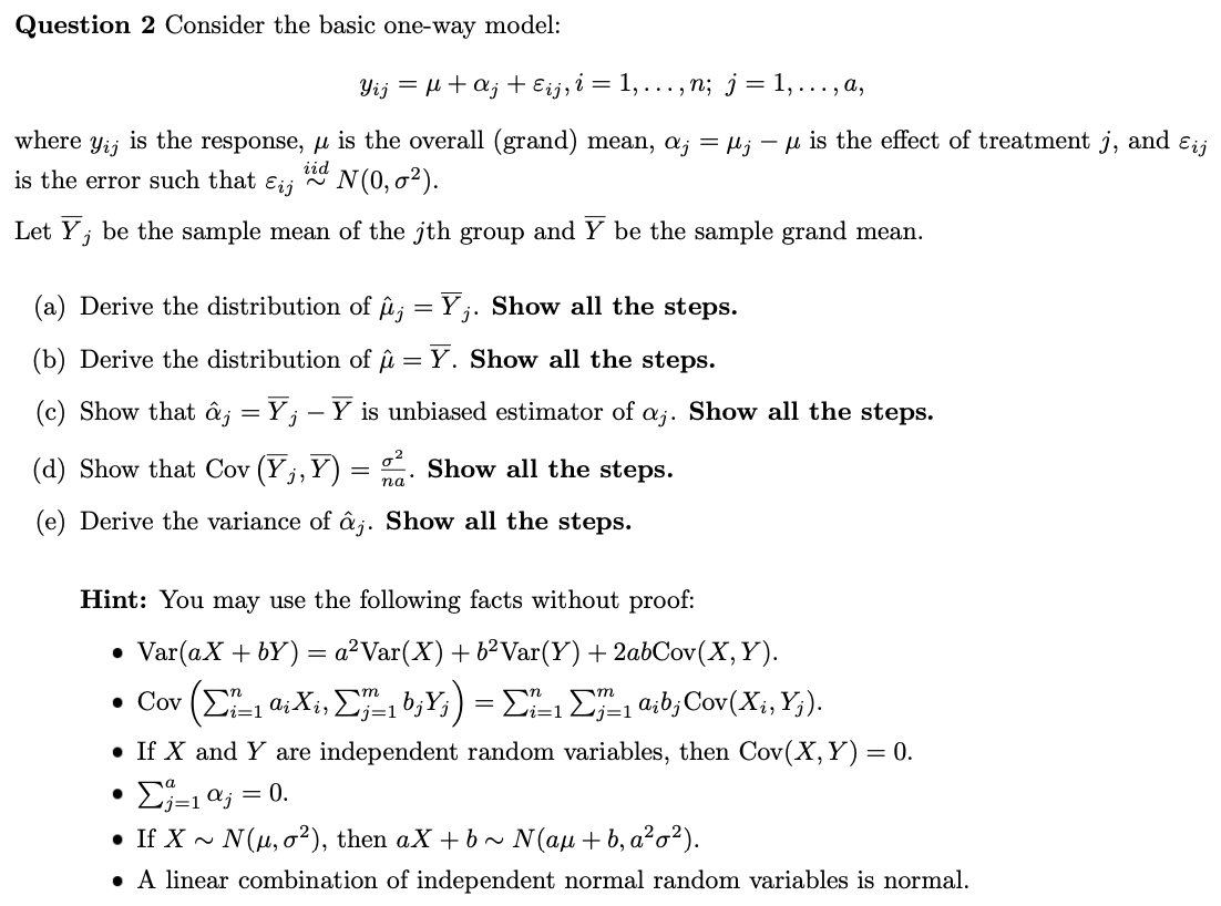 Solved Question 2 Consider the basic one-way model: Yij = u | Chegg.com