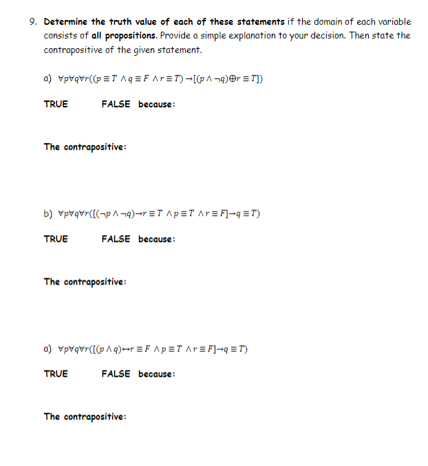 Solved 9. Determine the truth value of each of these | Chegg.com