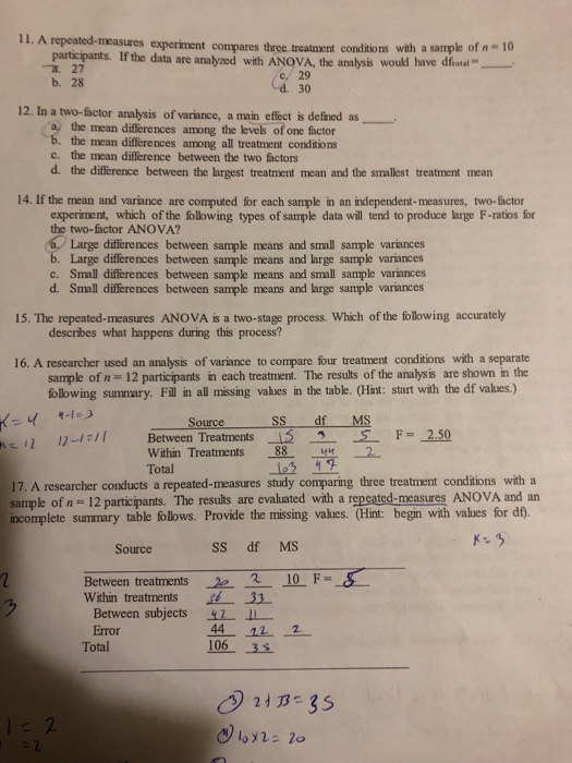 Solved 11. A repeated-measures experiment compares three | Chegg.com