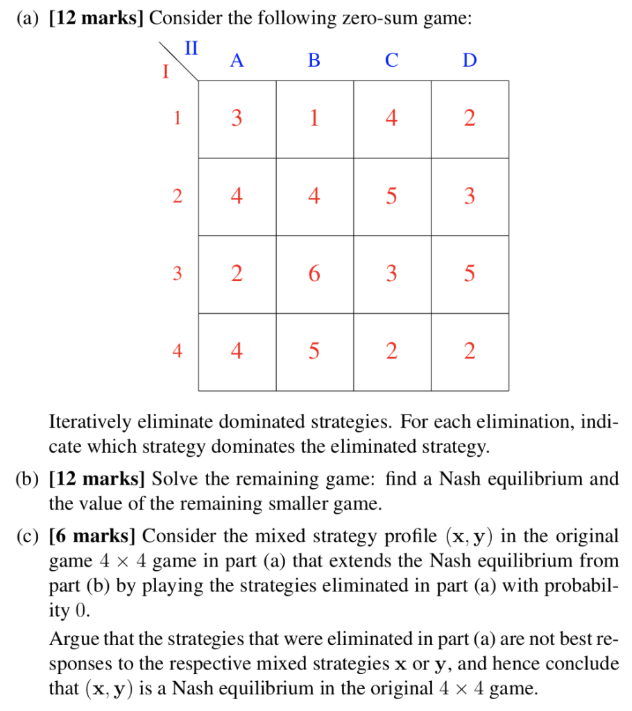 Solved (a) [12 marks] Consider the following zero-sum game: | Chegg.com