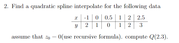 Solved 2. Find a quadratic spline interpolate for the | Chegg.com