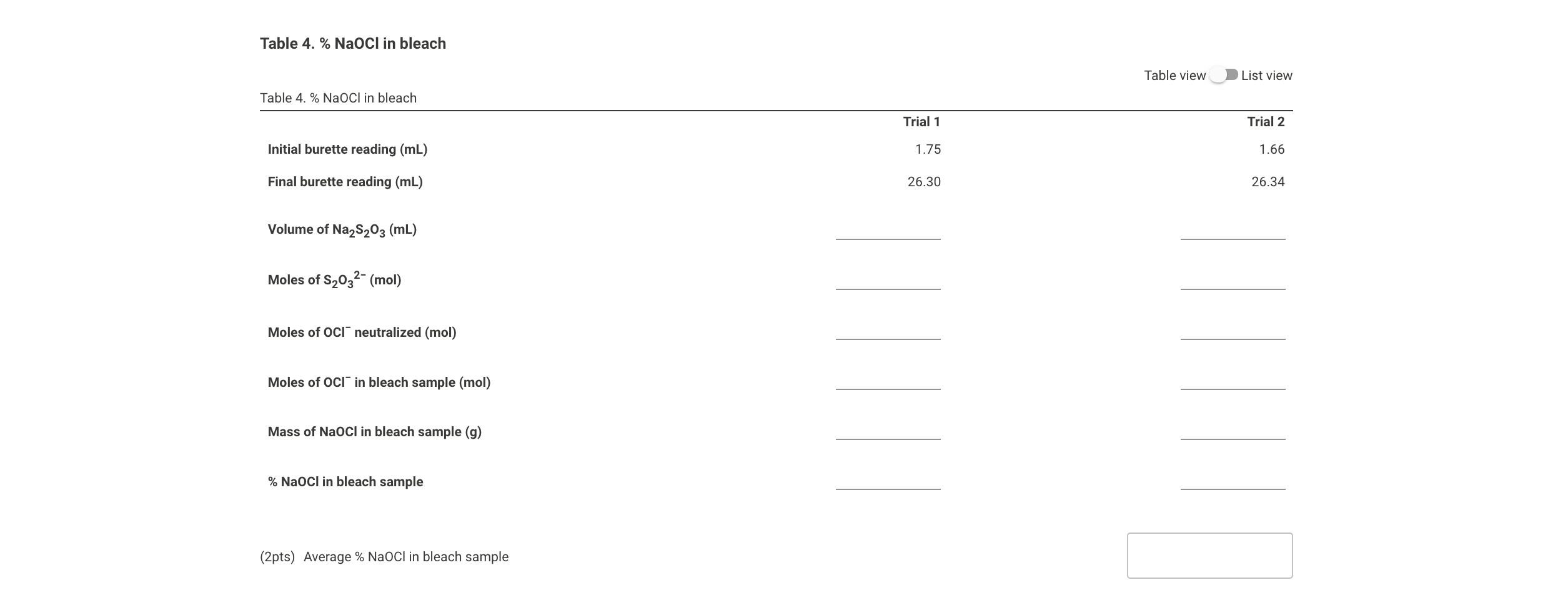 Solved Table 4. % NaCl in bleach Table view List view Table | Chegg.com Solved Table 4. % NaCl in bleach Table view List view Table | Chegg.com