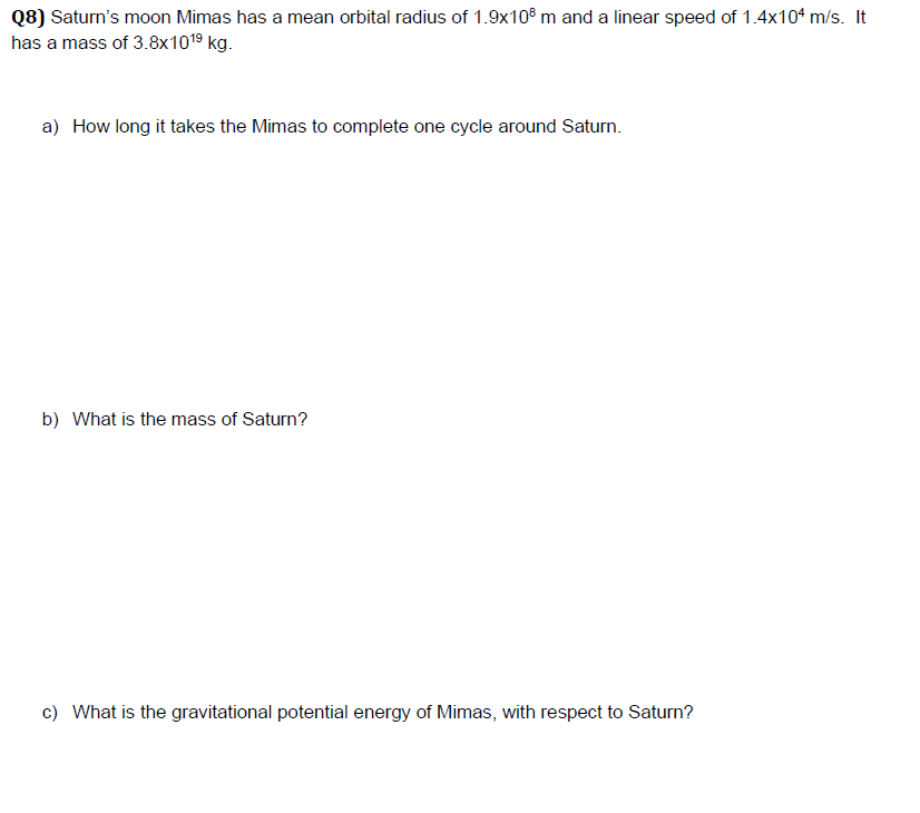 Solved Q8) Saturn's moon Mimas has a mean orbital radius of | Chegg.com