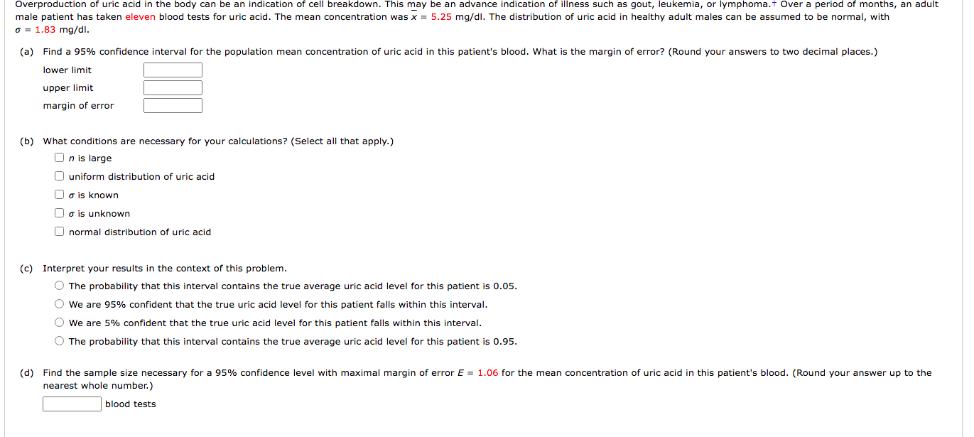 Solved σ=1.83mg/dl. lower limit upper limit margin of error | Chegg.com