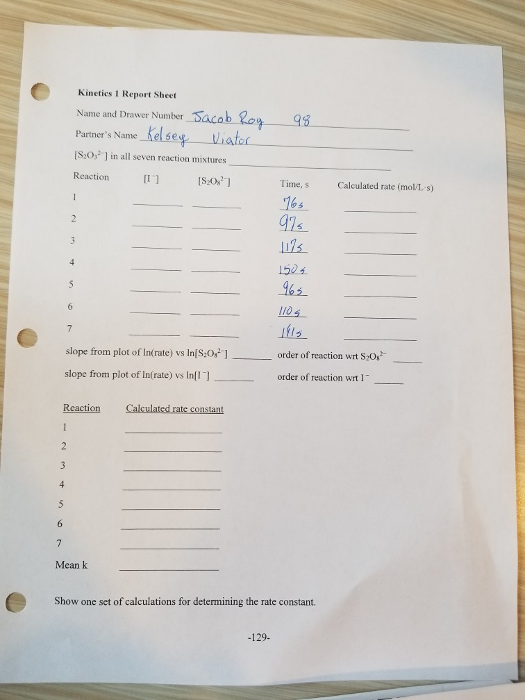 Kinetics 1 Report Sheet Name and Drawer NumberSa | Chegg.com