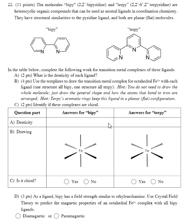 Solved 22. (11 points) The molecules “bipy” (2.2-bipyridine) | Chegg.com