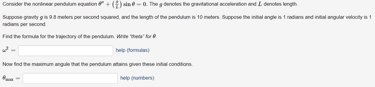Solved Consider the nonlinear pendulum equation 8" + (1) sin | Chegg.com