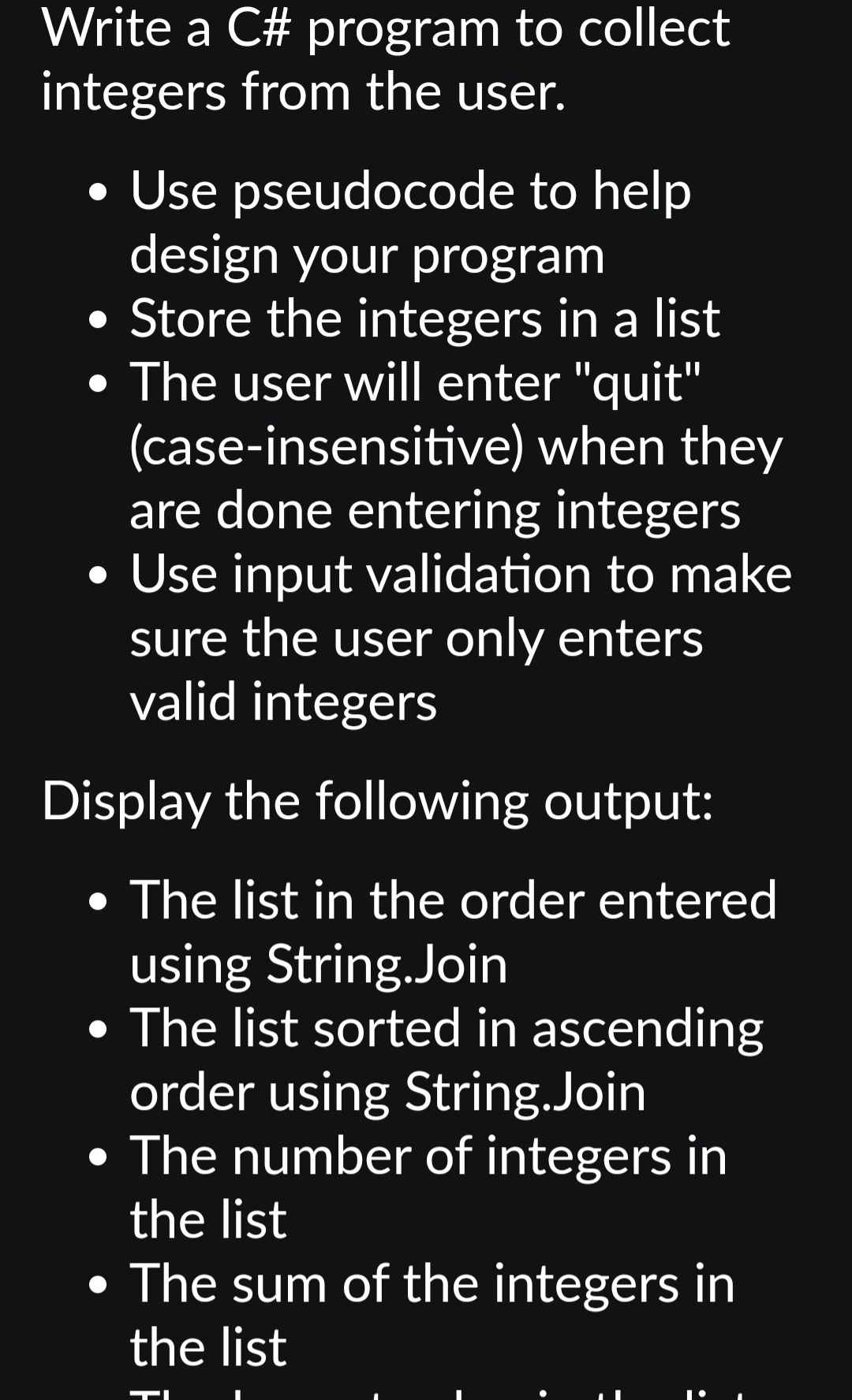 Solved C#C# program to collect integers from the user. Use | Chegg.com