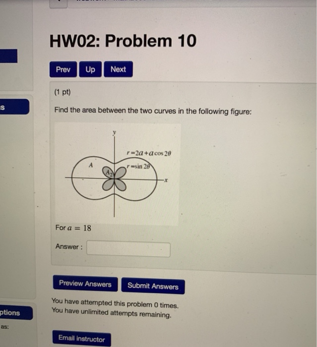 Solved HW02: Problem 10 Prev Up Next (1 pt) Find the area | Chegg.com