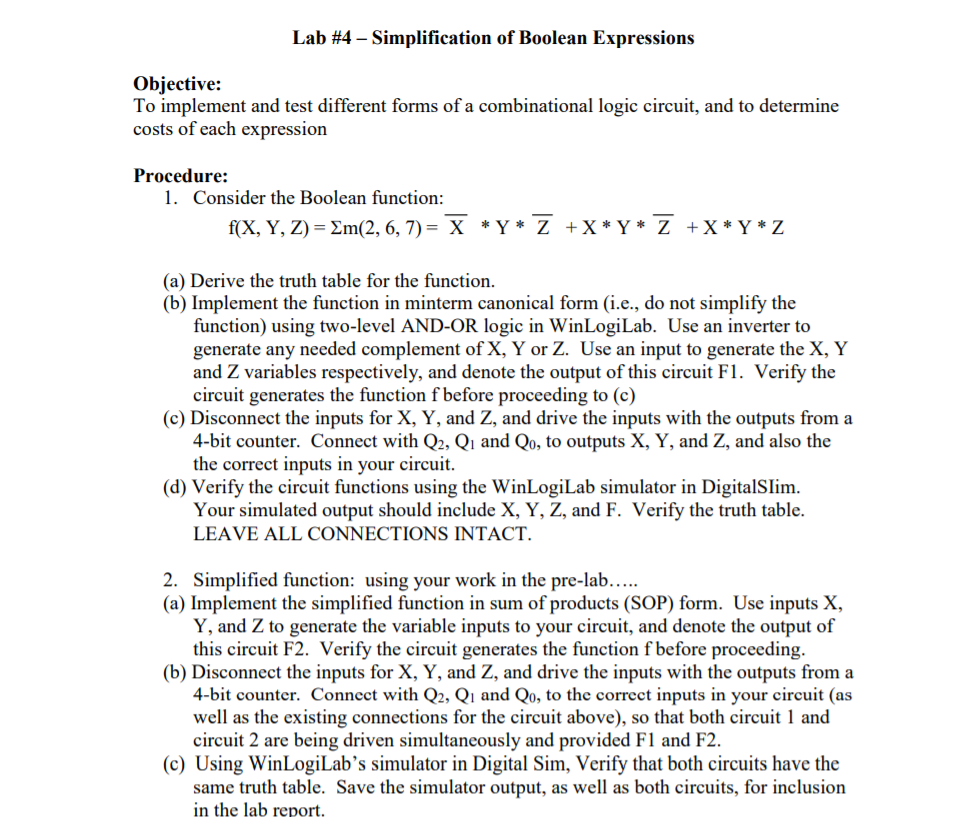 Solved Lab #4 - Simplification of Boolean Expressions | Chegg.com