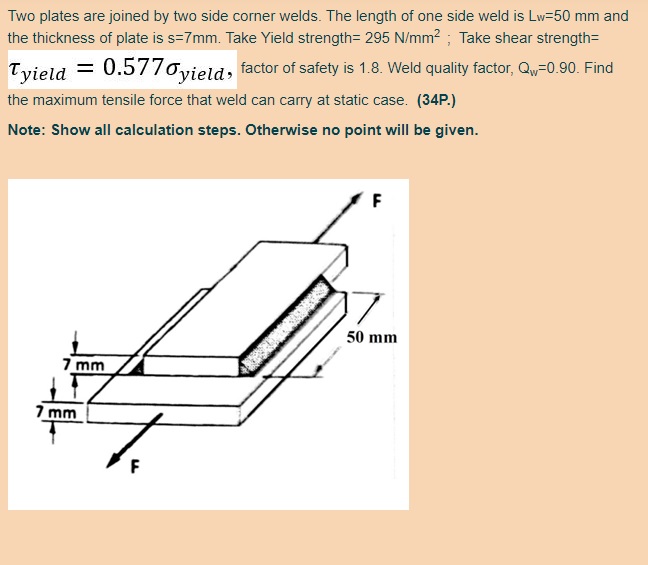 Solved Two plates are joined by two side corner welds. The | Chegg.com