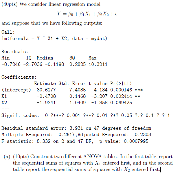 (40pts) We consider linear regression model | Chegg.com